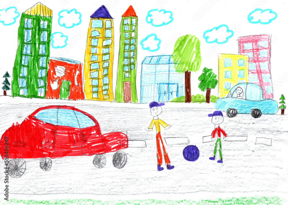 Child drawing buildings and cars. Happy family on a walk. Pencil art in ...