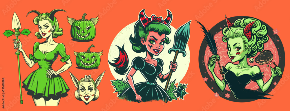 Vetor de Beautiful young green monster girl, devil with pitchfork ...