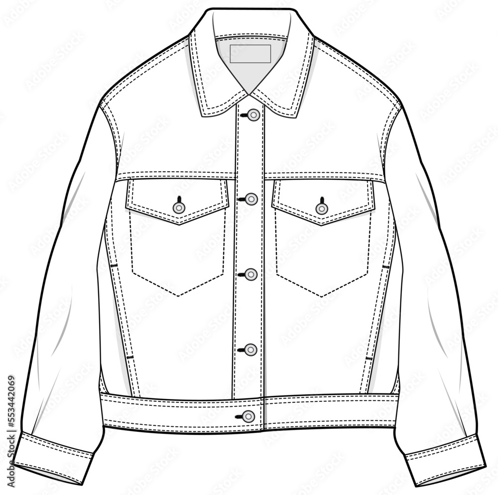 Oversized denim trucker jacket flat sketch vector illustration ...