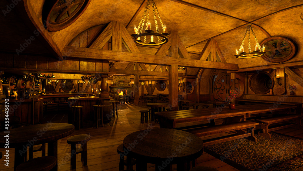 Medieval tavern bar interior with cosy atmospheric candlelight and open ...