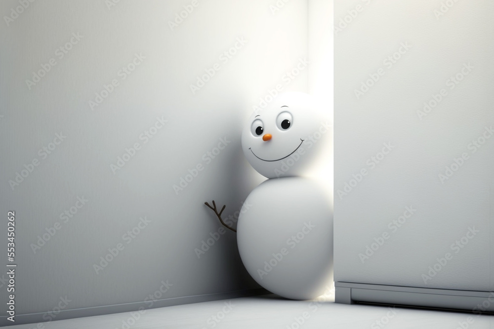 Happy, very white, round Snowman watching from the slightly restrict ...