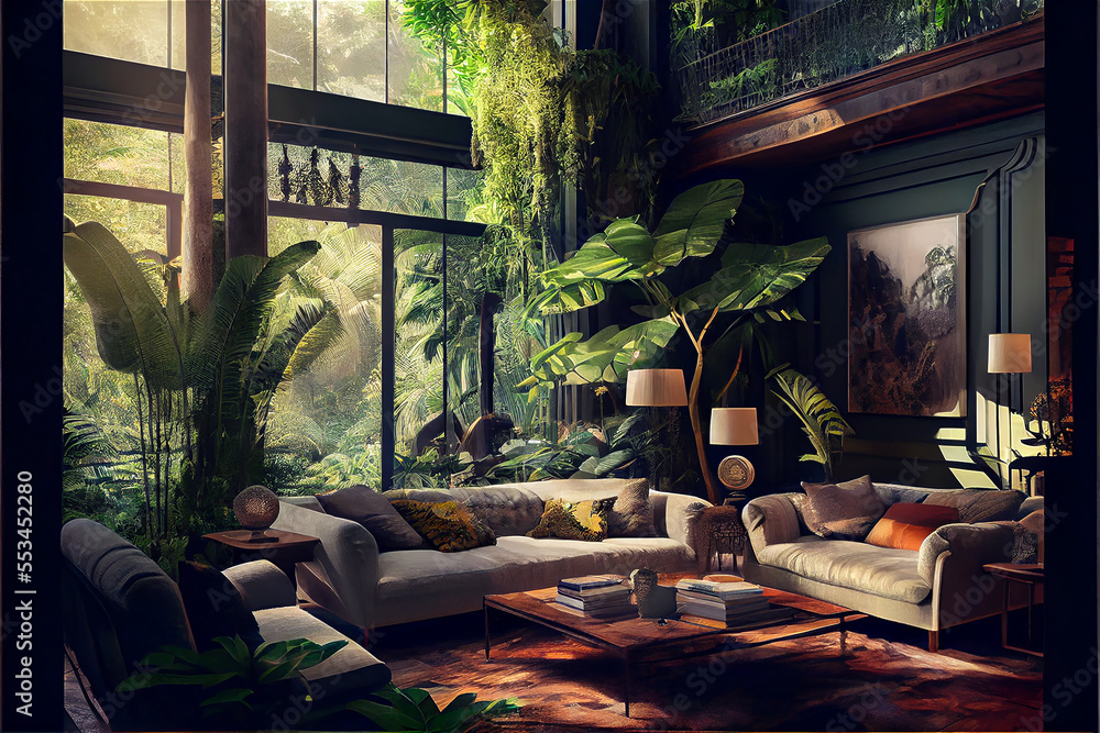 luxurious living room with a jungle theme with exotic plants interior ...