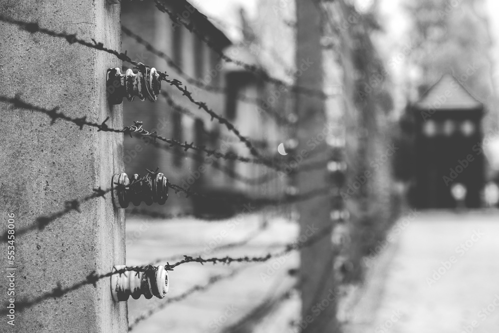Poland, Auschwitz - April 18, 2014: Barbed wire fence in Auschwitz II ...