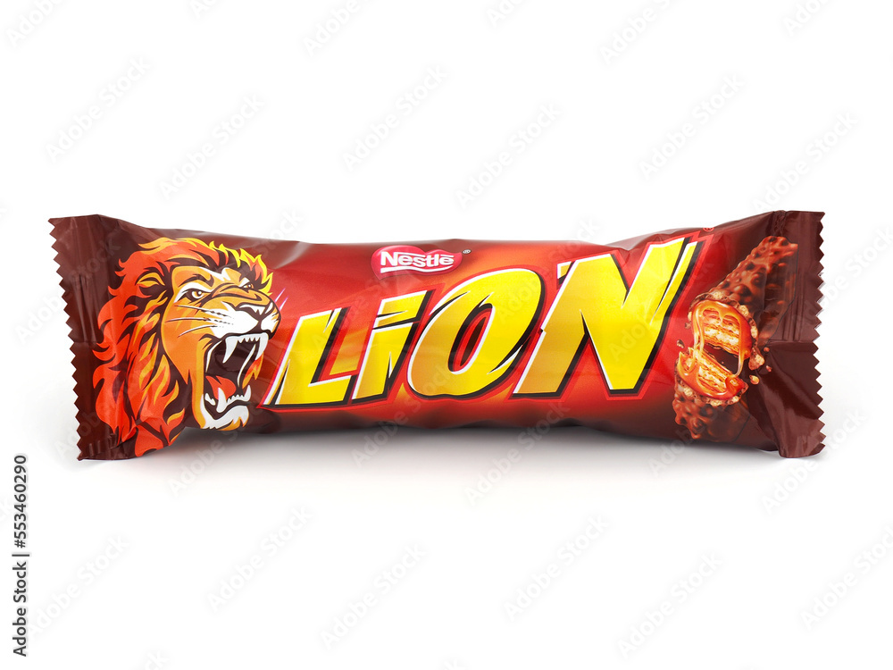 ROME, ITALY - DECEMBER 13, 2022. Lion chocolate bar isolated on white ...