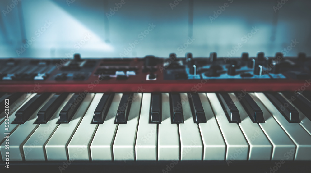 Electronic piano black and white keyboard coseup. Musical pianoforte ...