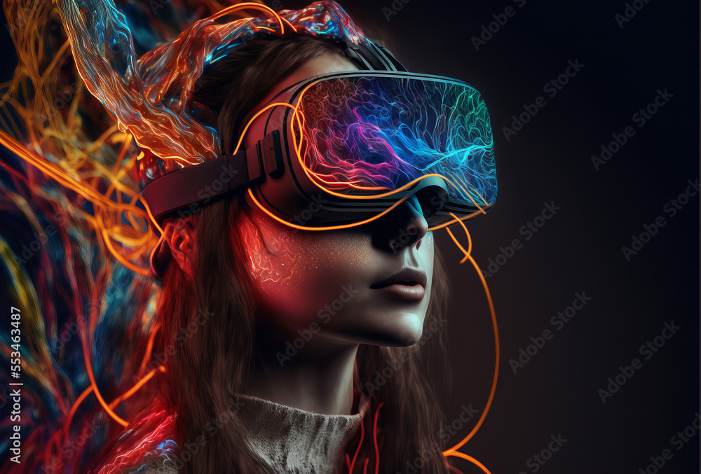 Woman wearing virtual reality goggles. Future digital technology ...