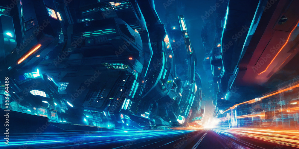 Generative AI, warp speed traffic trail light as hyper loop on highway ...