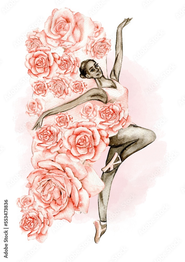 Hand drawn watercolor card template dancing ballerina with flower and ...
