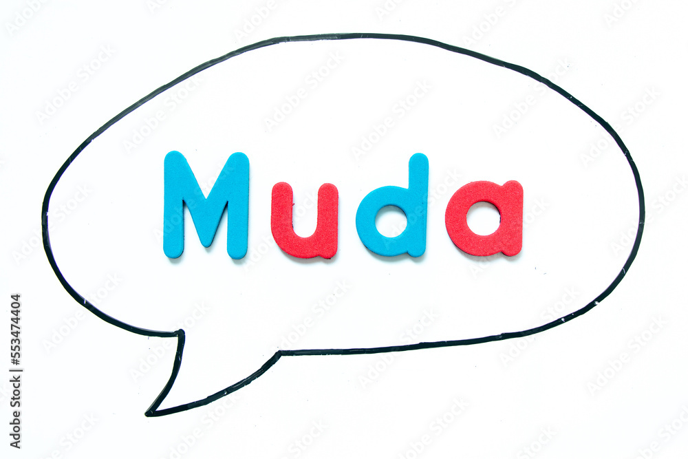 Alphabet letter with word muda in black line hand drawing as bubble ...