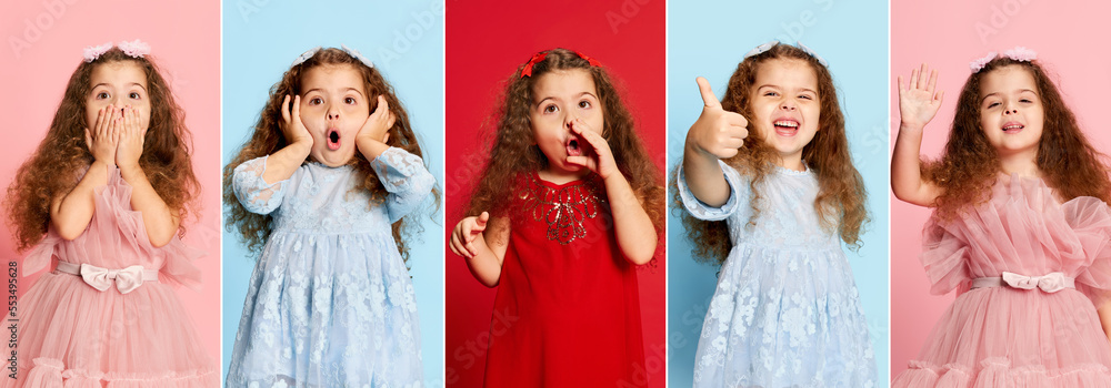 Kids emotions. Collage of images of little cute girl isolated on ...