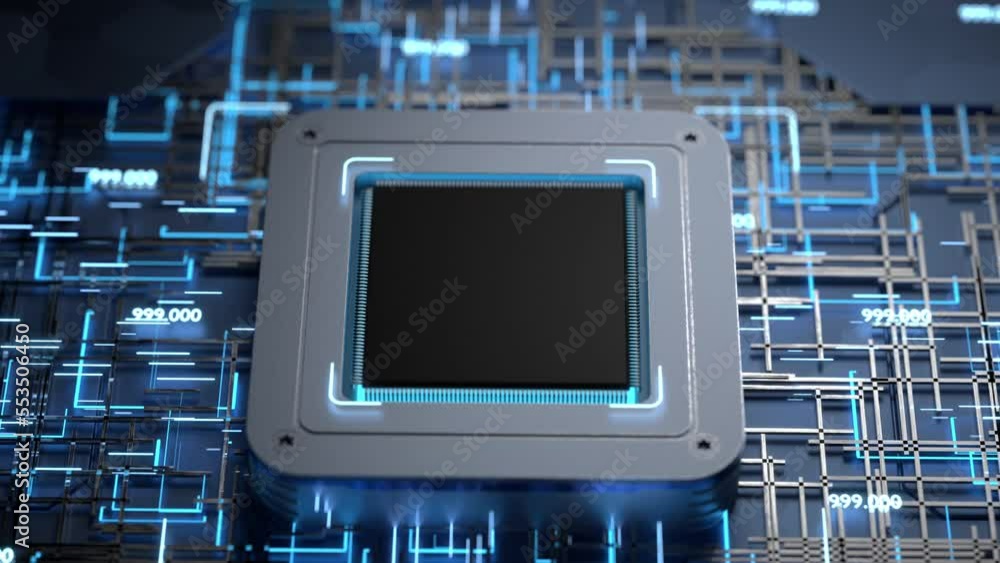 Advanced technology concept visualization: circuit board processor chip running artificial ...
