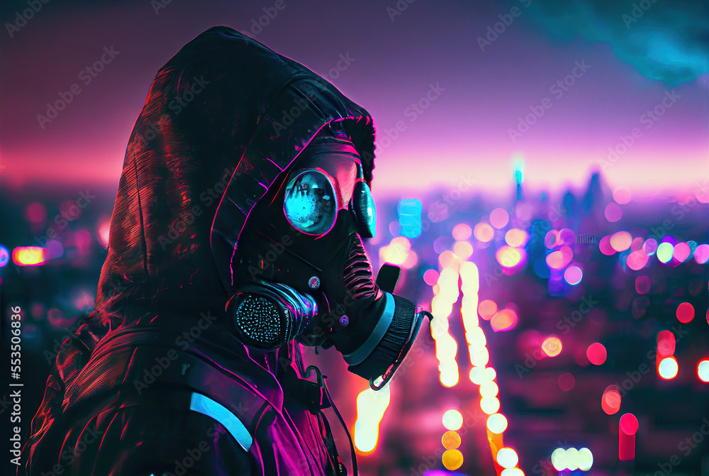 Fashion cyberpunk man in leather hoodie jacket wears gas mask with ...
