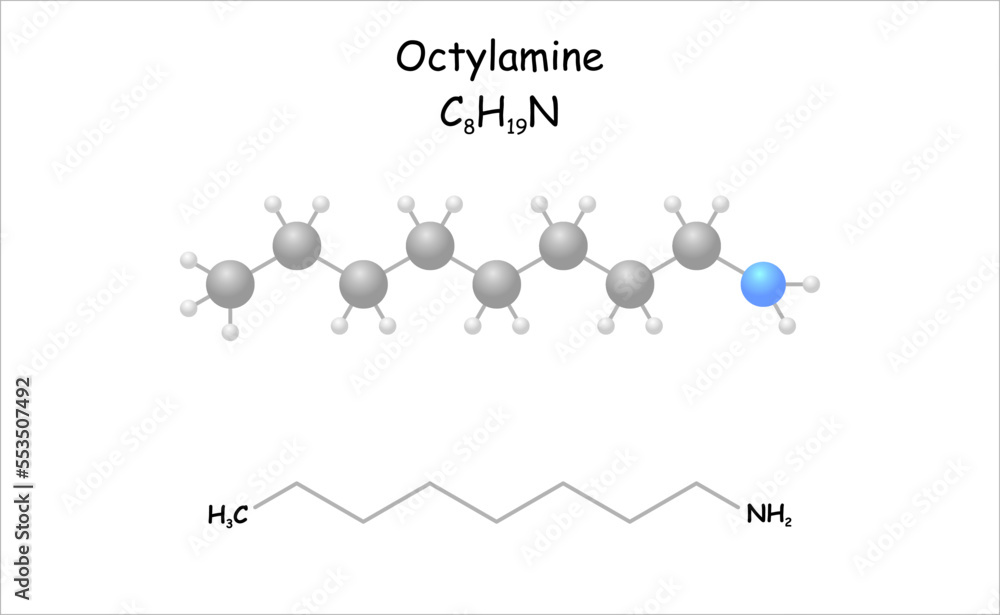 Stylized 2D molecule model/structural formula of octylamine. Stock ...