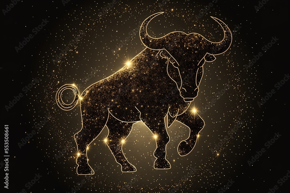 Taurus Zodiac Sign On A Black Background With Gold Glitter And