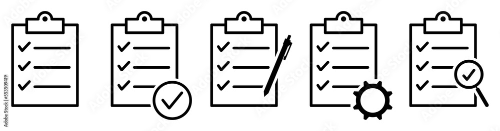 Checklist with checkmark, pen, gear and magnifier. Vector clipboard ...