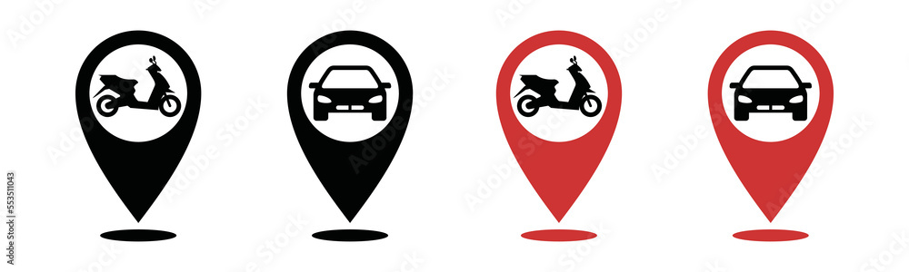 Map pin location of car and motorcycle icon set. Map markers icon ...