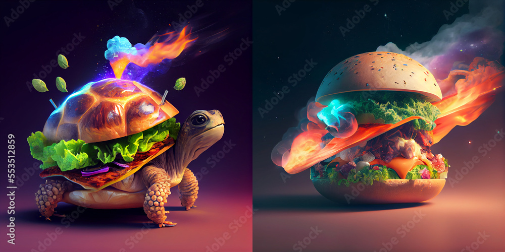 Surreal food illustration, turtle like a burger art, tortoise with fire ...