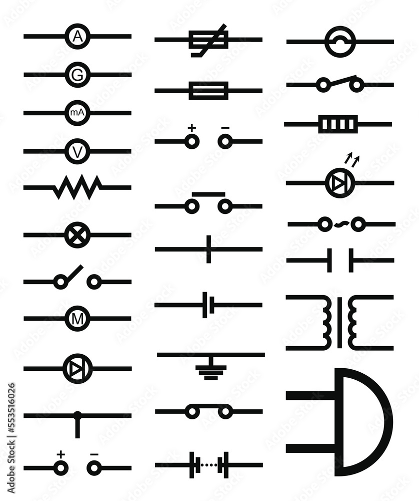 Electrical circuit physics icons set vector. Set of Physics educational ...