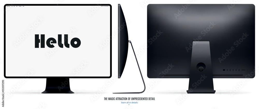 new computer monitor black color with blank screen front, back and side ...