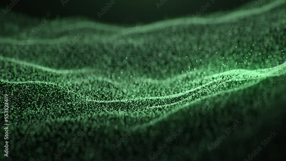 Moving flow green color particles flashing micro units grainy sands on space background ...