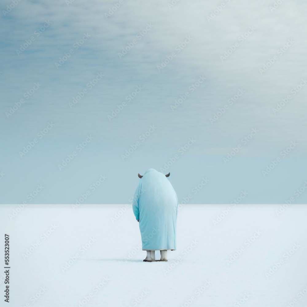 Surreal back view white ox in desert scenario wearing coat. Generative ...