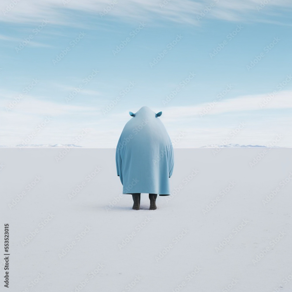 Surreal back view white ox in desert scenario wearing coat. Generative ...
