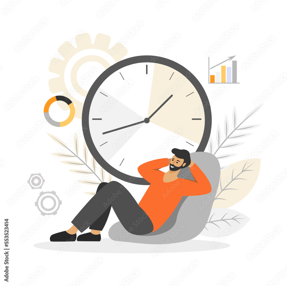 Time management vector illustration. The guy in the chair successfully ...