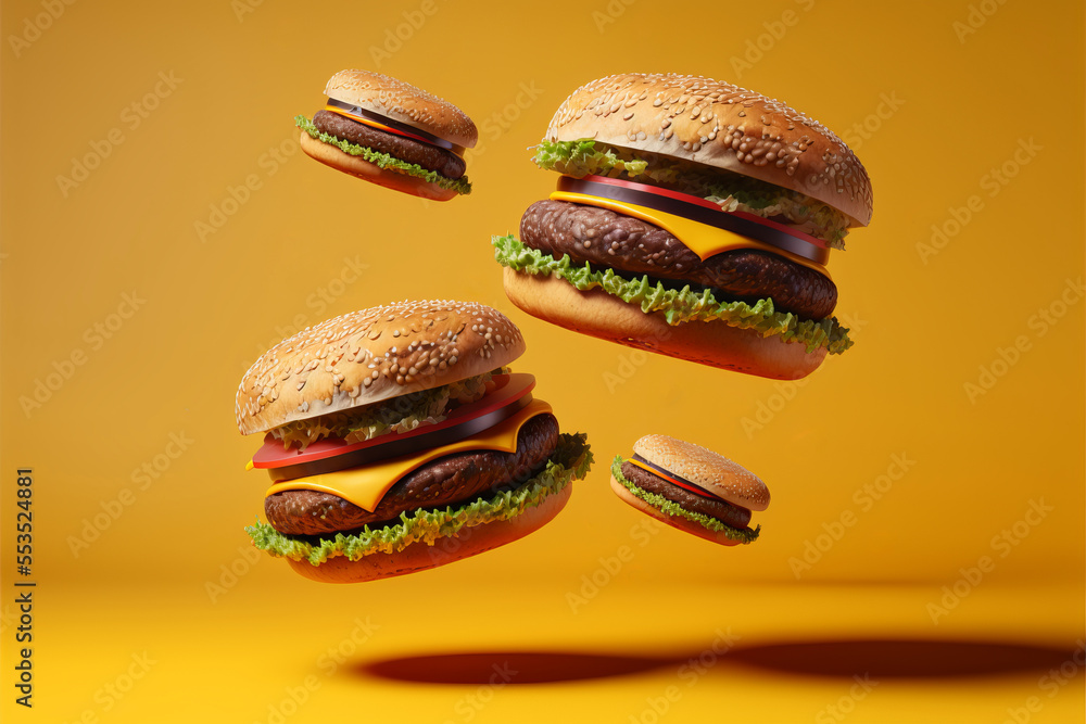 Delicious fast food burger flying on a yellow background. Generative ai ...