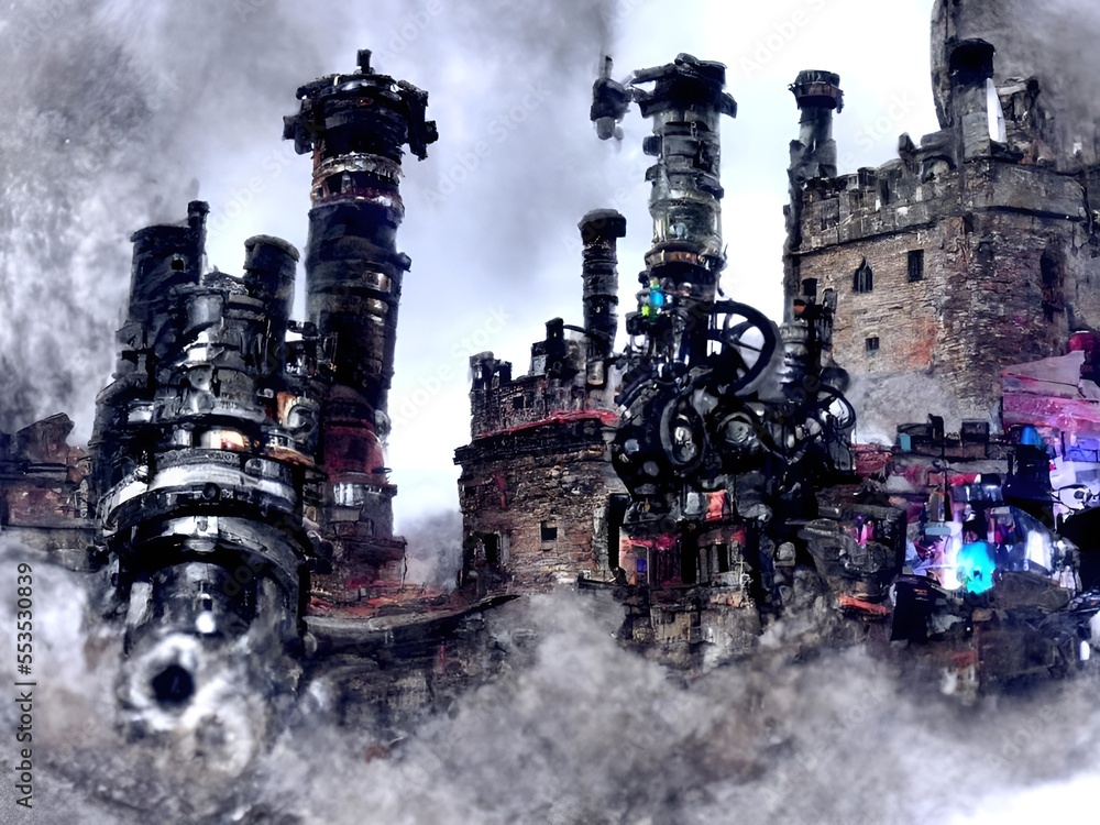 Generative AI illustration of a steampunk mechanical themed mediaeval castle with smoke stack ...
