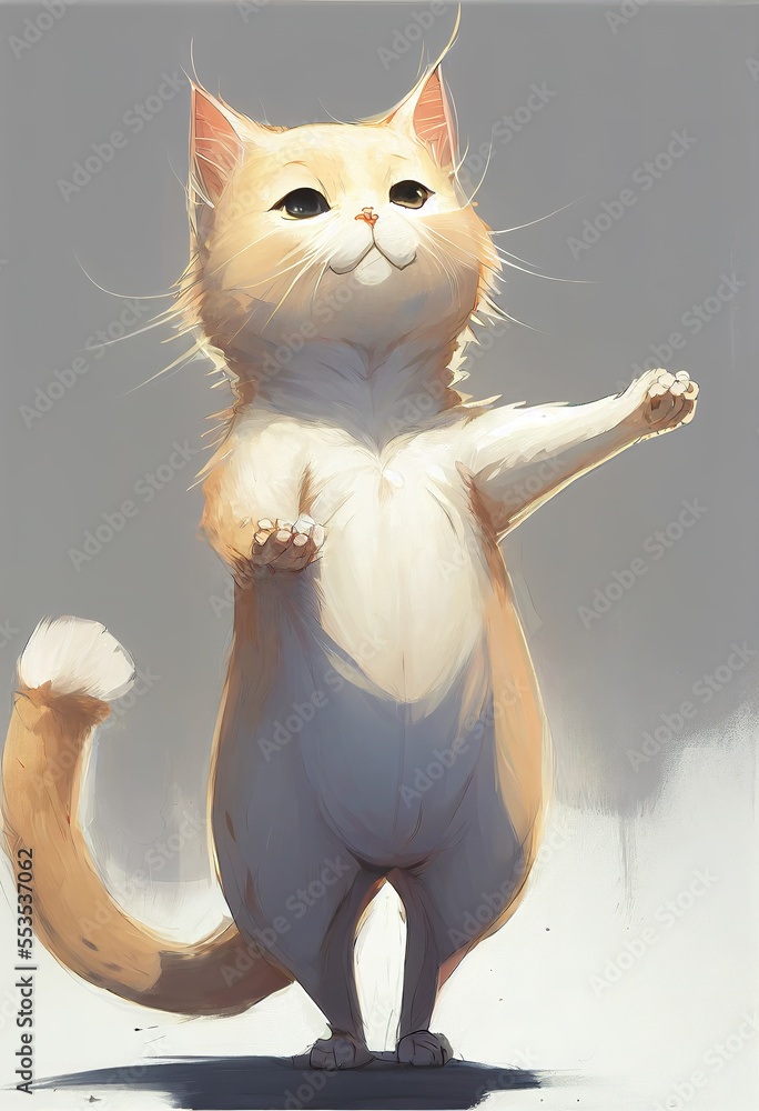 cute lovely white standing cat asking for food, anime manga style ...