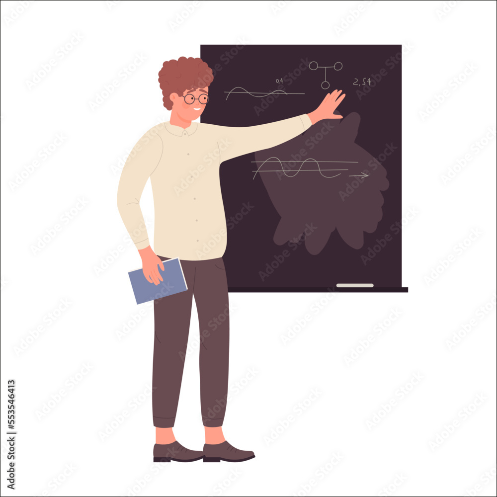 Nerd boy at school blackboard. Geek student teenager presenting pose ...