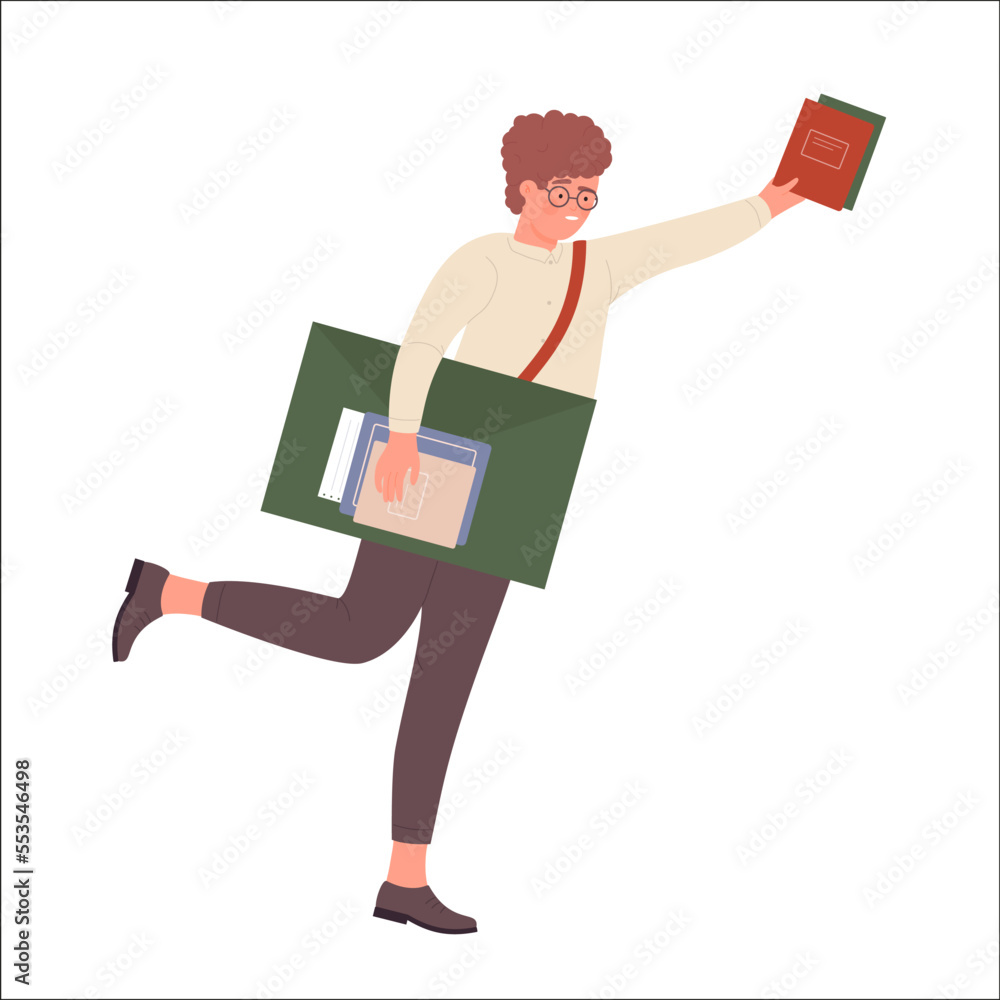 Running nerd boy with school materials. Geek smart boy in a hurry ...