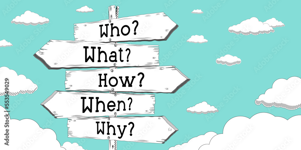 Who, what, how, when, why - outline signpost with five arrows Stock ...