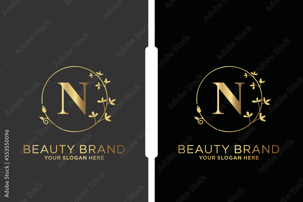 N Beauty vector initial logo, Golden floral letters with flowers leaves ...