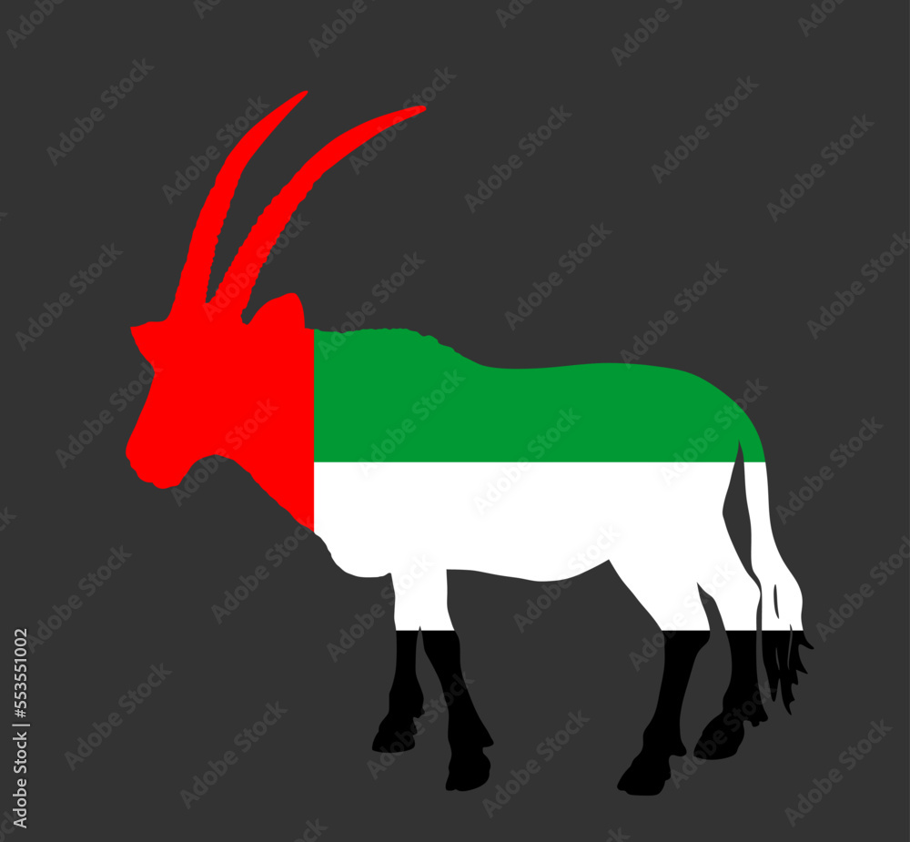 UAE flag vector over Oryx gazelle national animal symbol silhouette ...
