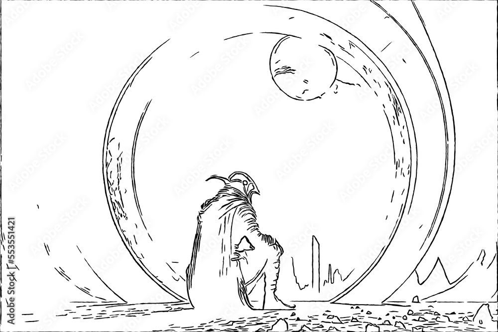 a mysterious man sitting under the futuristic portal Coloring Pages On ...