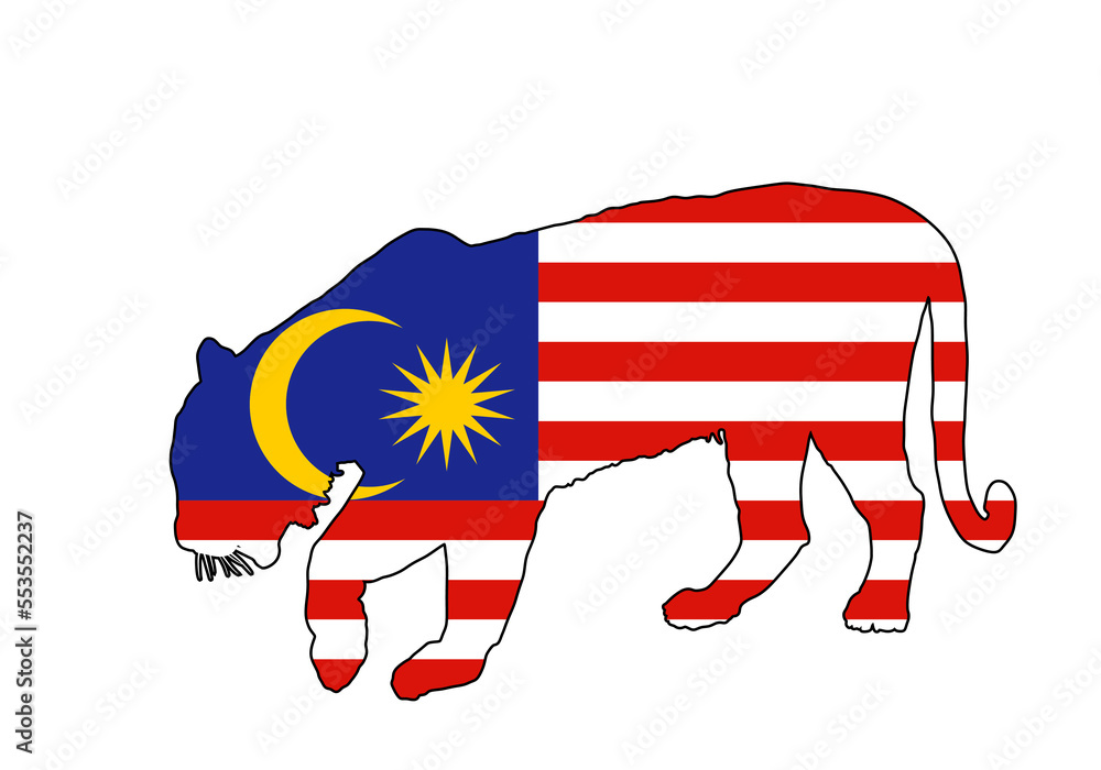 Malaysia flag over tiger national animal vector silhouette illustration ...