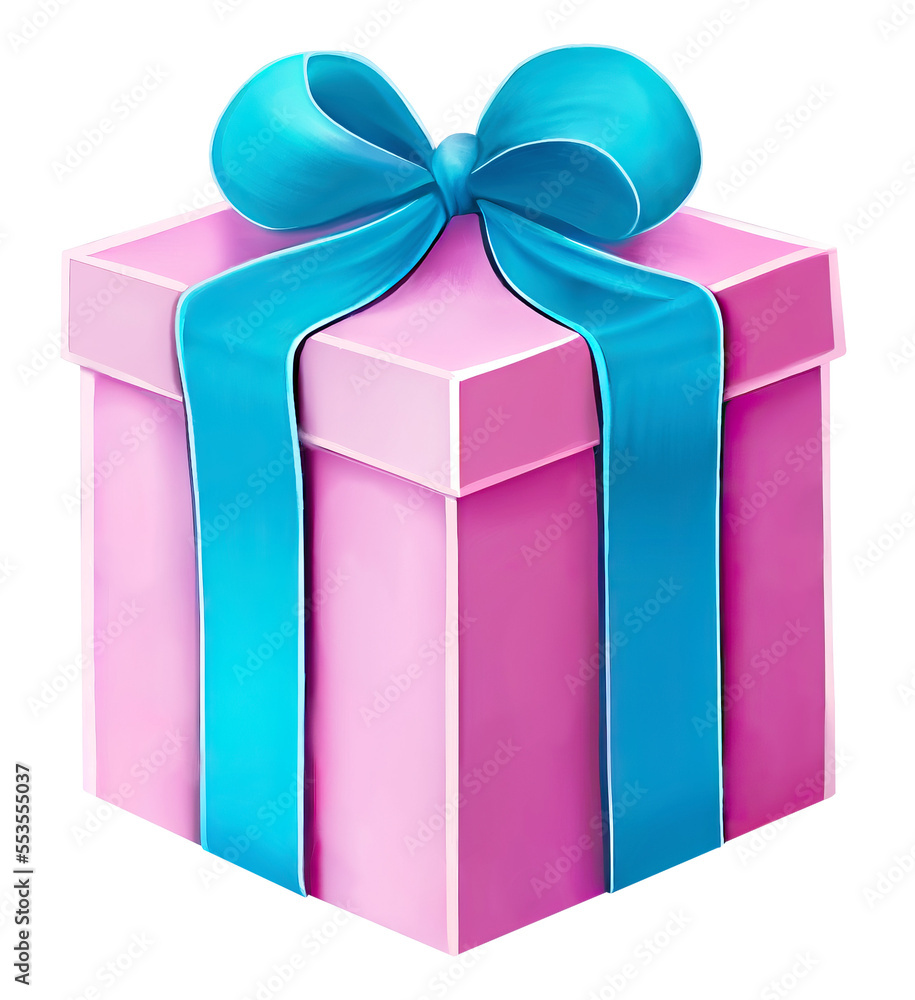 Cartoon pink gift box with blue ribbon, cut out Stock Illustration ...