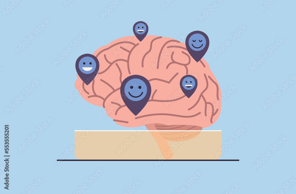 Happiness feeling symbol with a pin on the brain and hormones in the ...