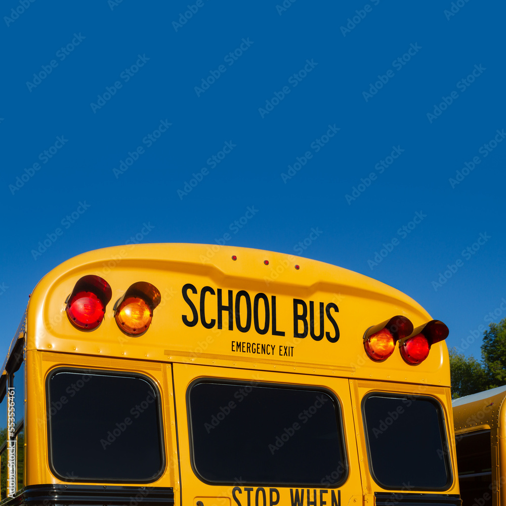 Rear of a School Bus with blue sky Stock Photo | Adobe Stock