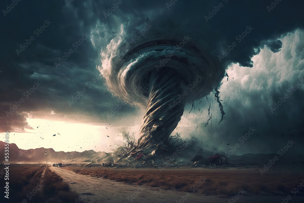Tornado. Digital art. Massive tornado, cyclone on land with huge clouds ...