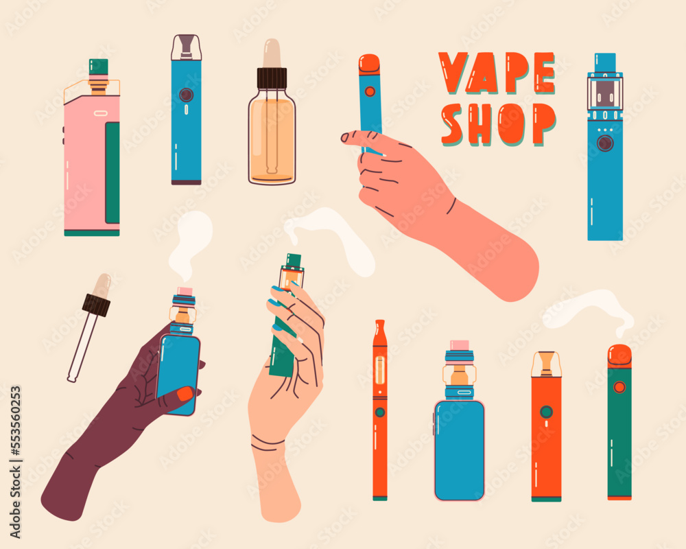 Vape shop colorful set. Electronic cigarettes and vape set. Modern ...