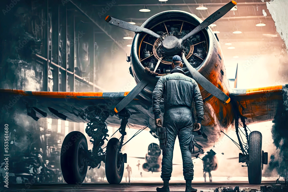 Vintage aircraft with propeller stands in hangar and pilot in front of ...