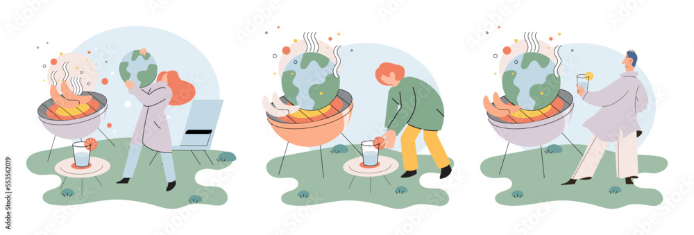 Earth on fire scenes set. Climate change and global warming disaster ...