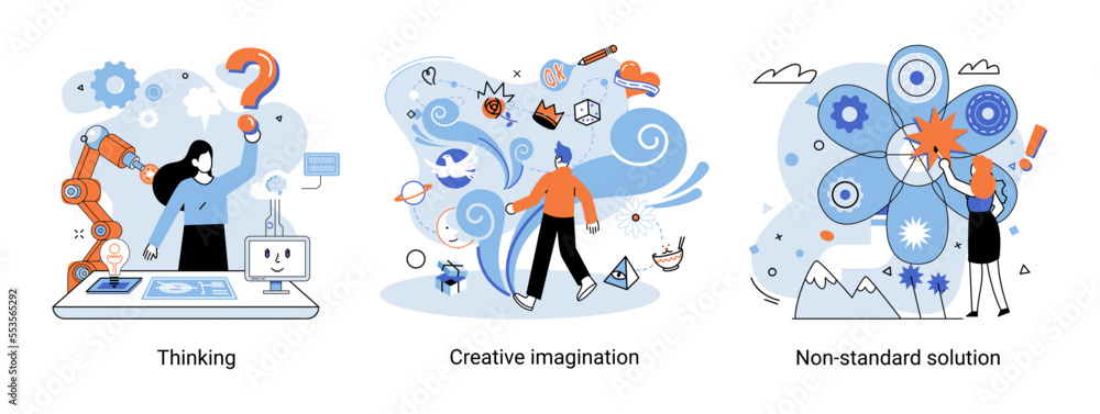 Creative thinking. People with different mental mindset types or model ...