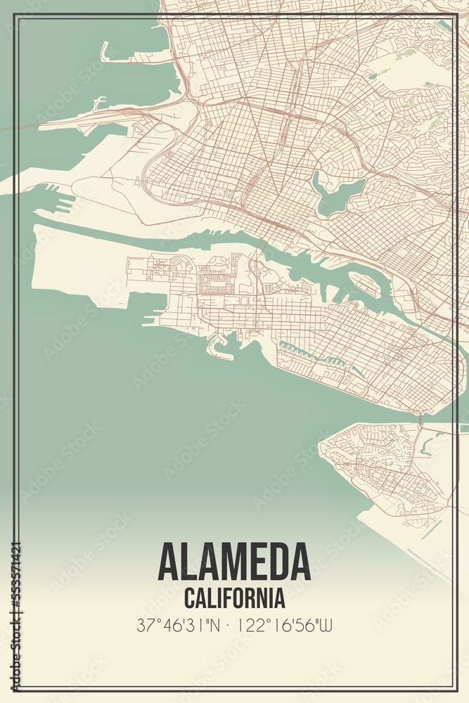 Retro US city map of Alameda, California. Vintage street map. Stock ...