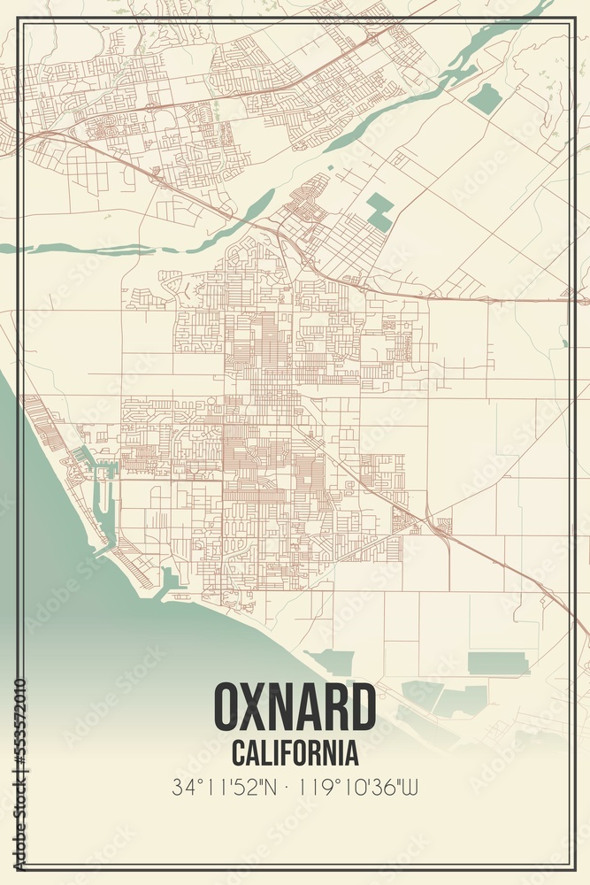 Poster Retro US city map of Oxnard, California. Vintage street map ...
