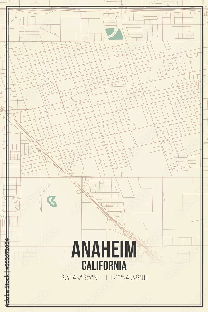 Retro US city map of Anaheim, California. Vintage street map. Stock ...