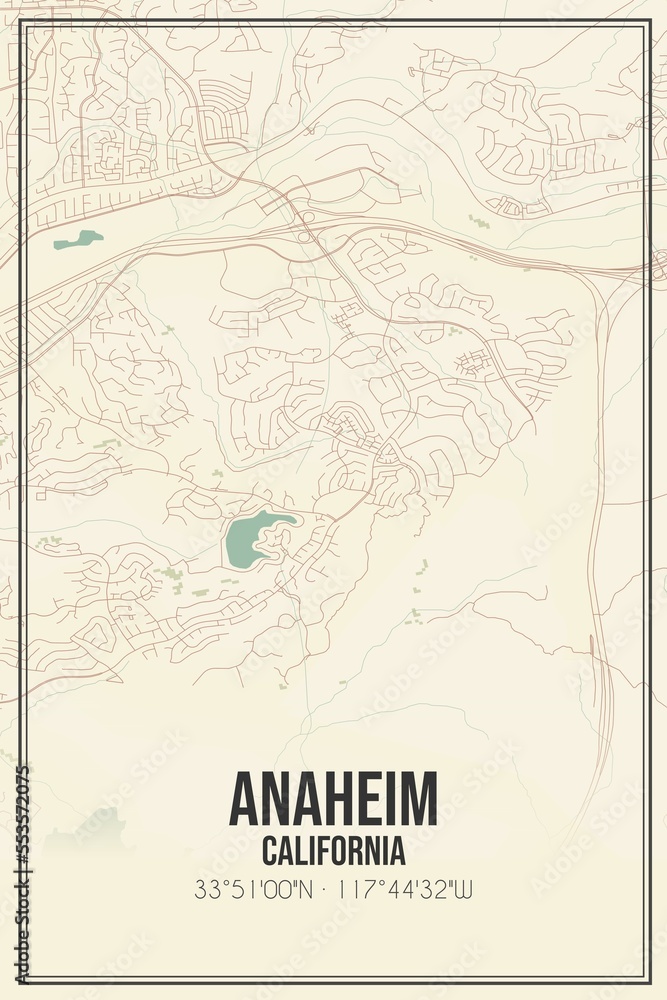 Retro US city map of Anaheim, California. Vintage street map. Stock ...