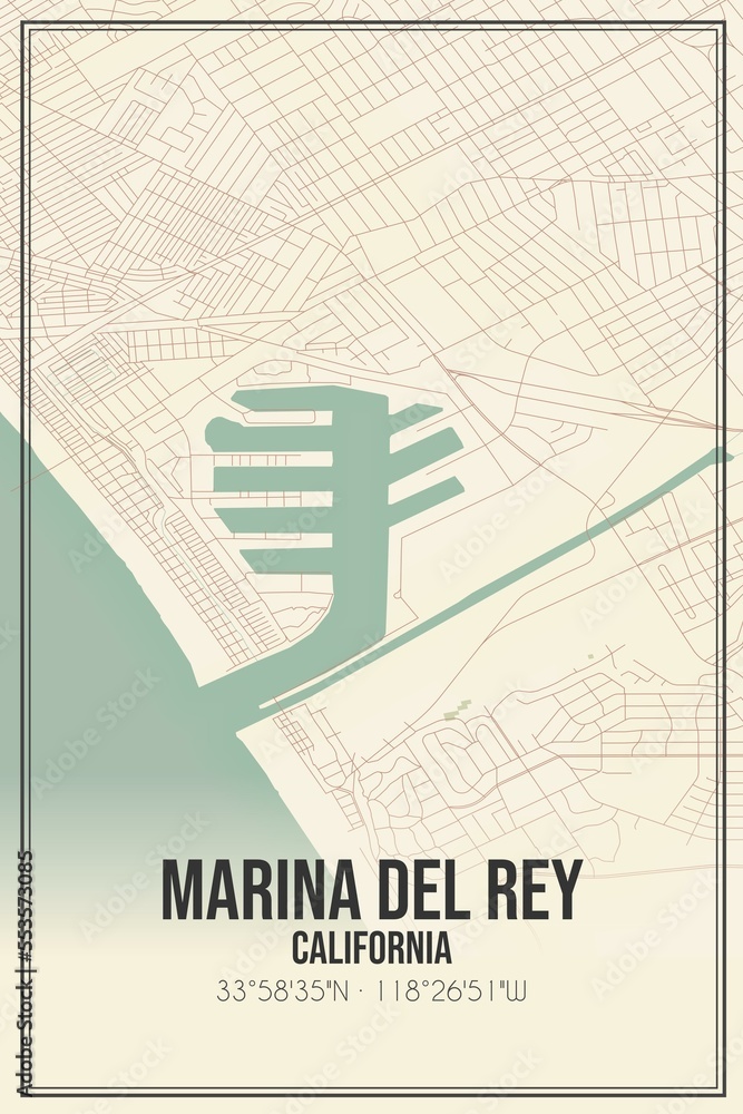 Retro US city map of Marina Del Rey, California. Vintage street map ...